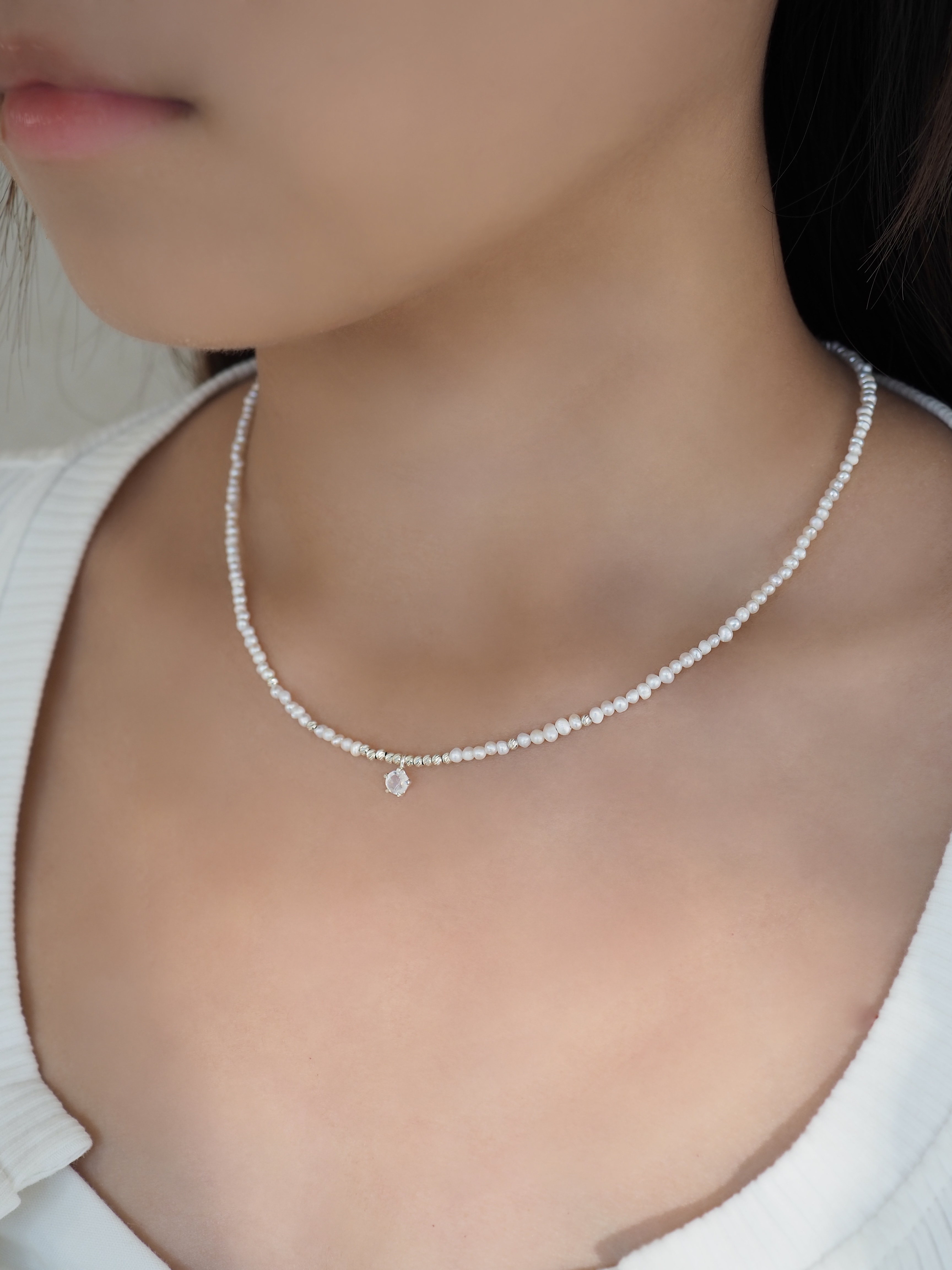 EDITH Full Pearl Necklace - Moonstone (Silver) | Azen Jewelry